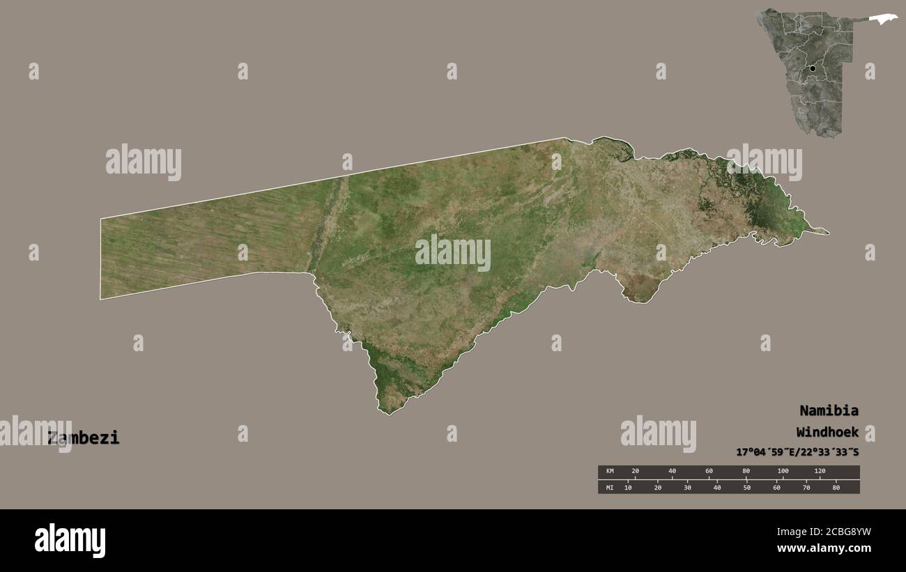 Shape of Zambezi, region of Namibia, with its capital isolated on solid ...
