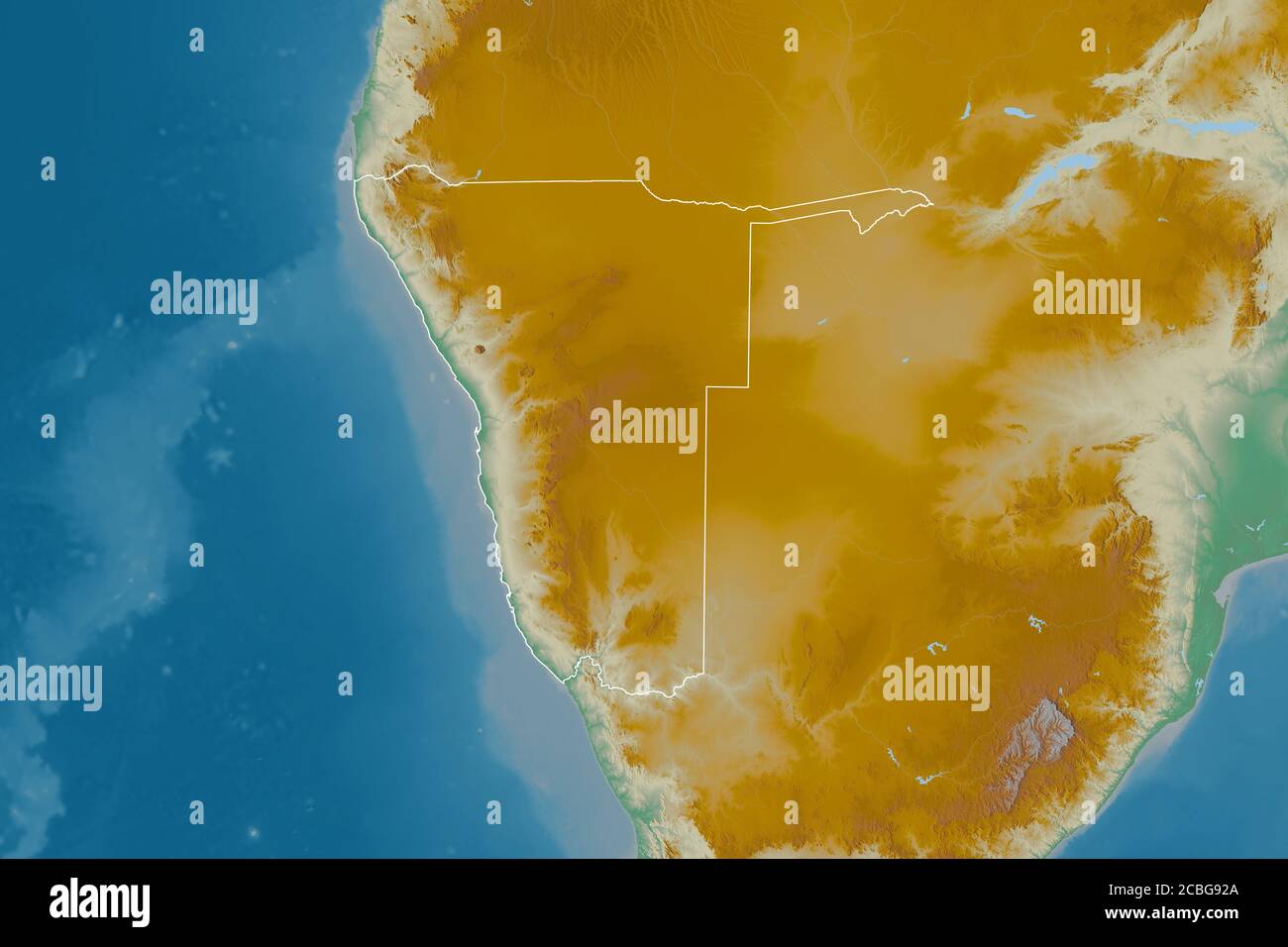 Extended area of outlined Namibia. Topographic relief map. 3D rendering ...