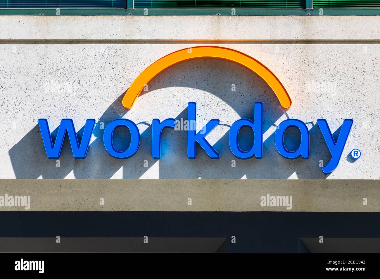 Workday logo and sign on the facade of software corporation ...
