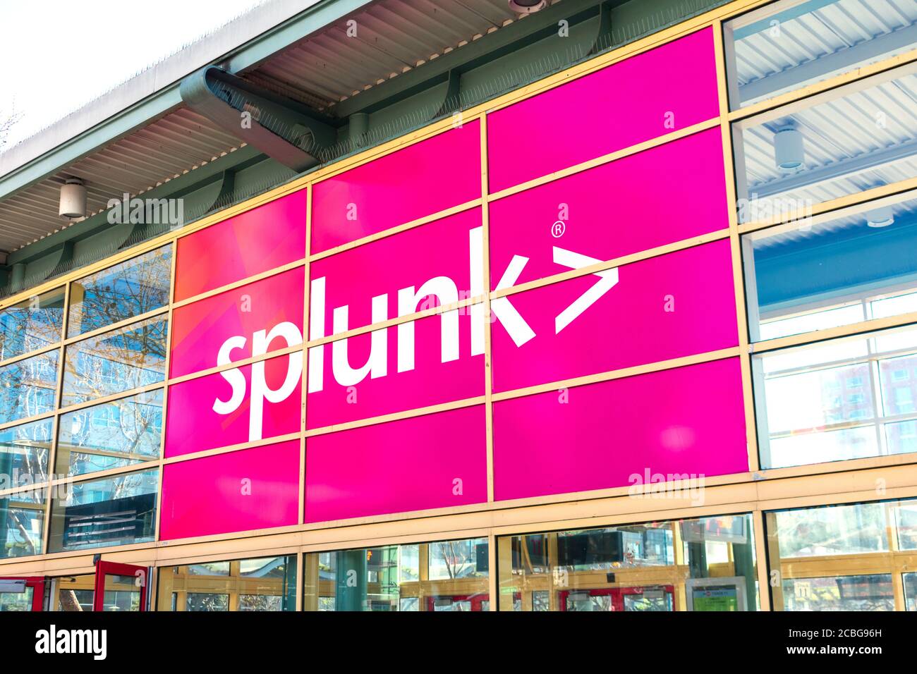 Large Splunk sign and logo on outdoor billboard advertising. Splunk Inc ...
