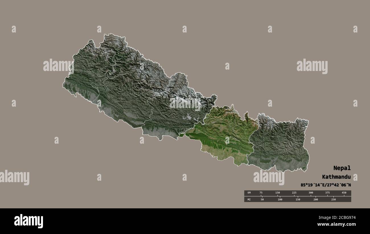 Desaturated shape of Nepal with its capital, main regional division and ...