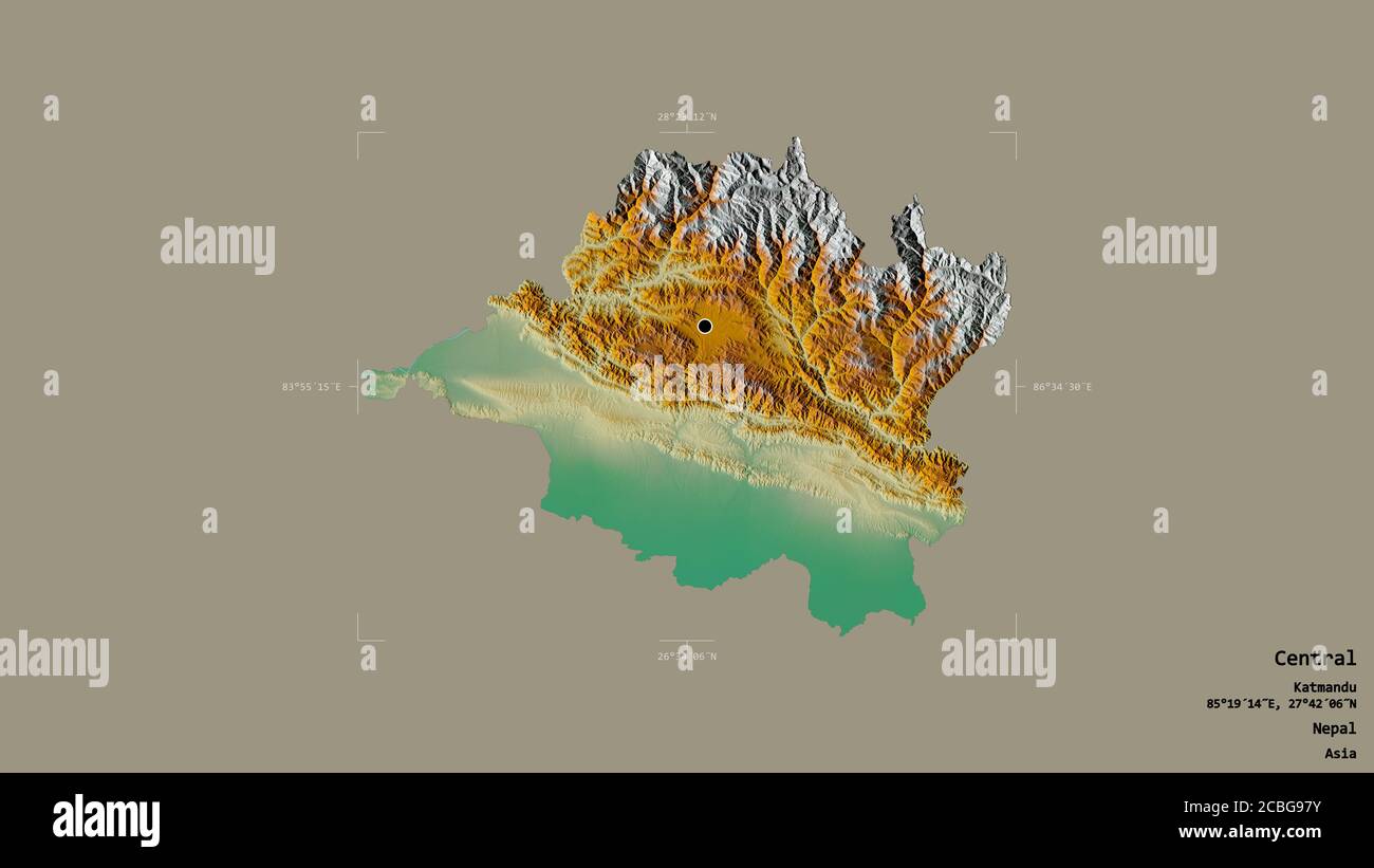 Area of Central, development region of Nepal, isolated on a solid ...