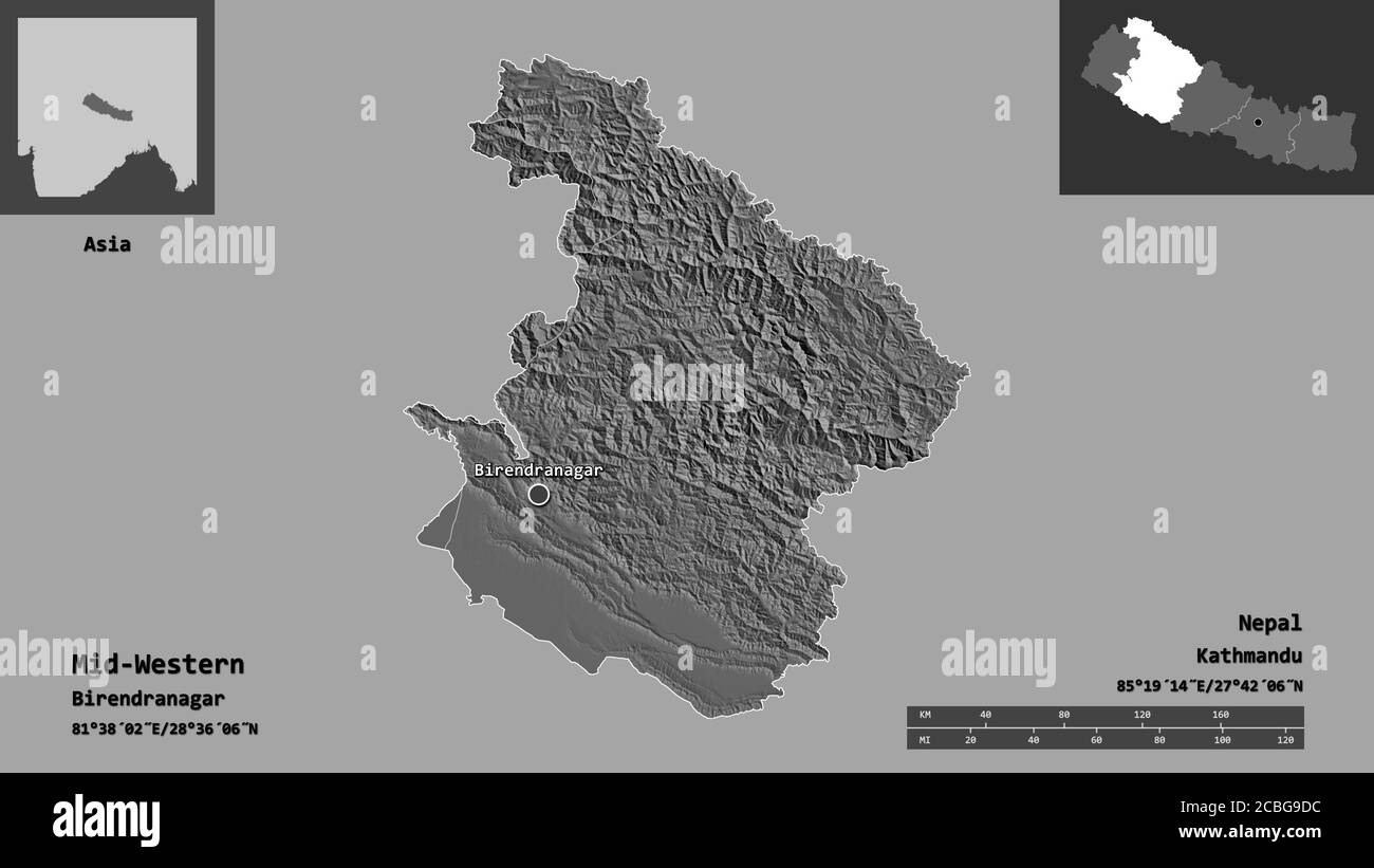 Shape of Mid-Western, development region of Nepal, and its capital ...