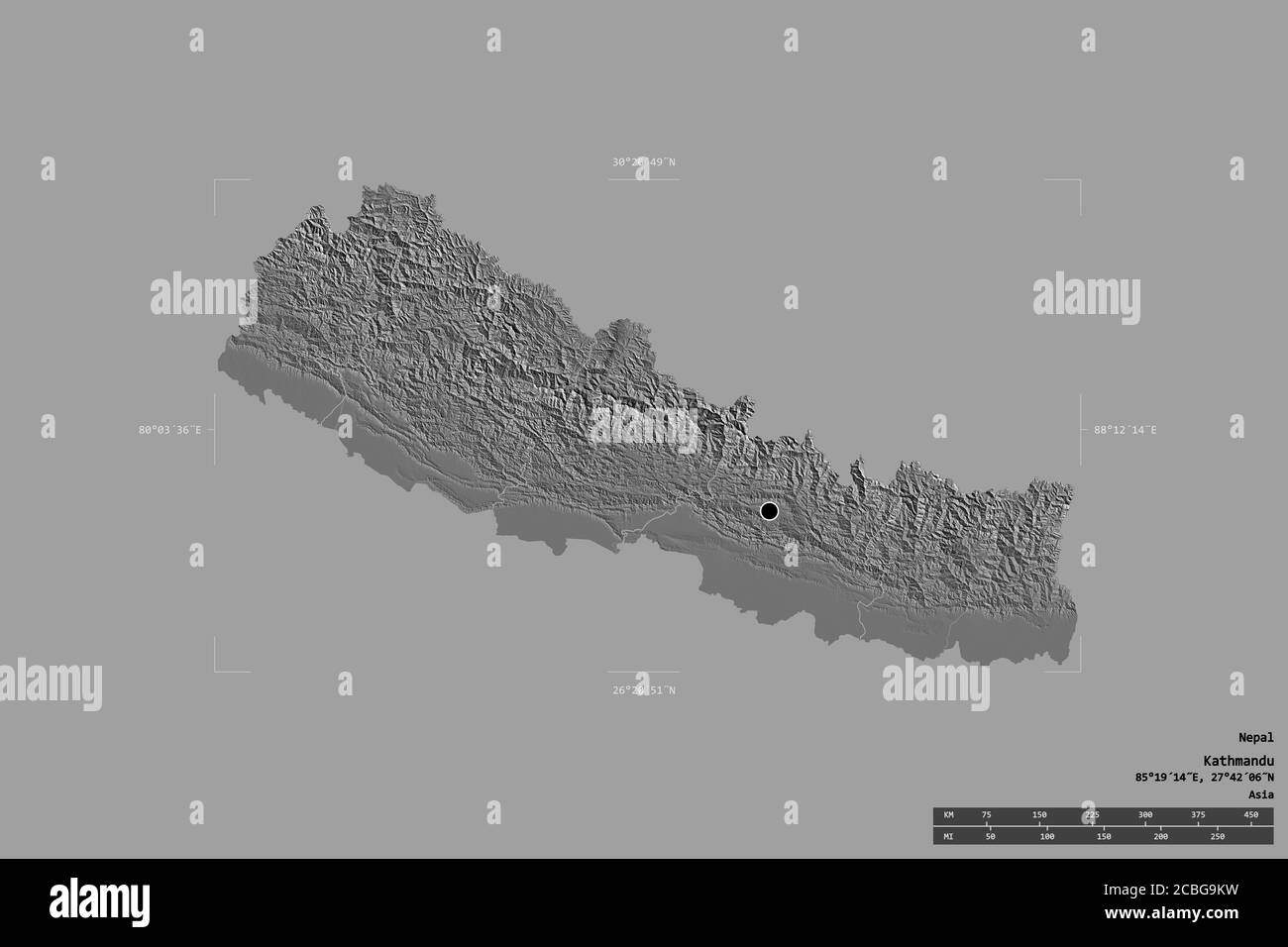 Area of Nepal isolated on a solid background in a georeferenced ...
