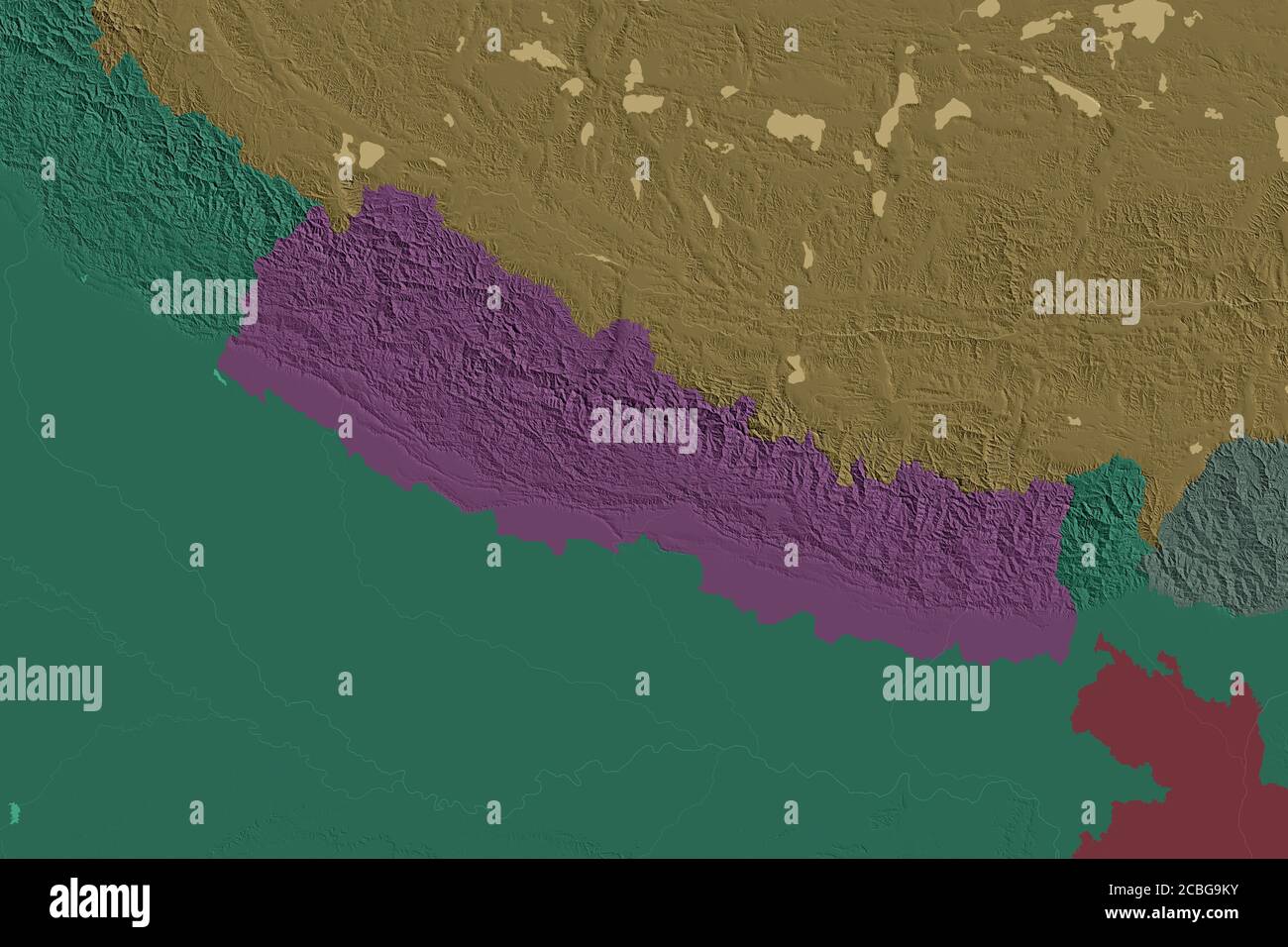 Extended area of Nepal. Colored elevation map. 3D rendering Stock Photo ...