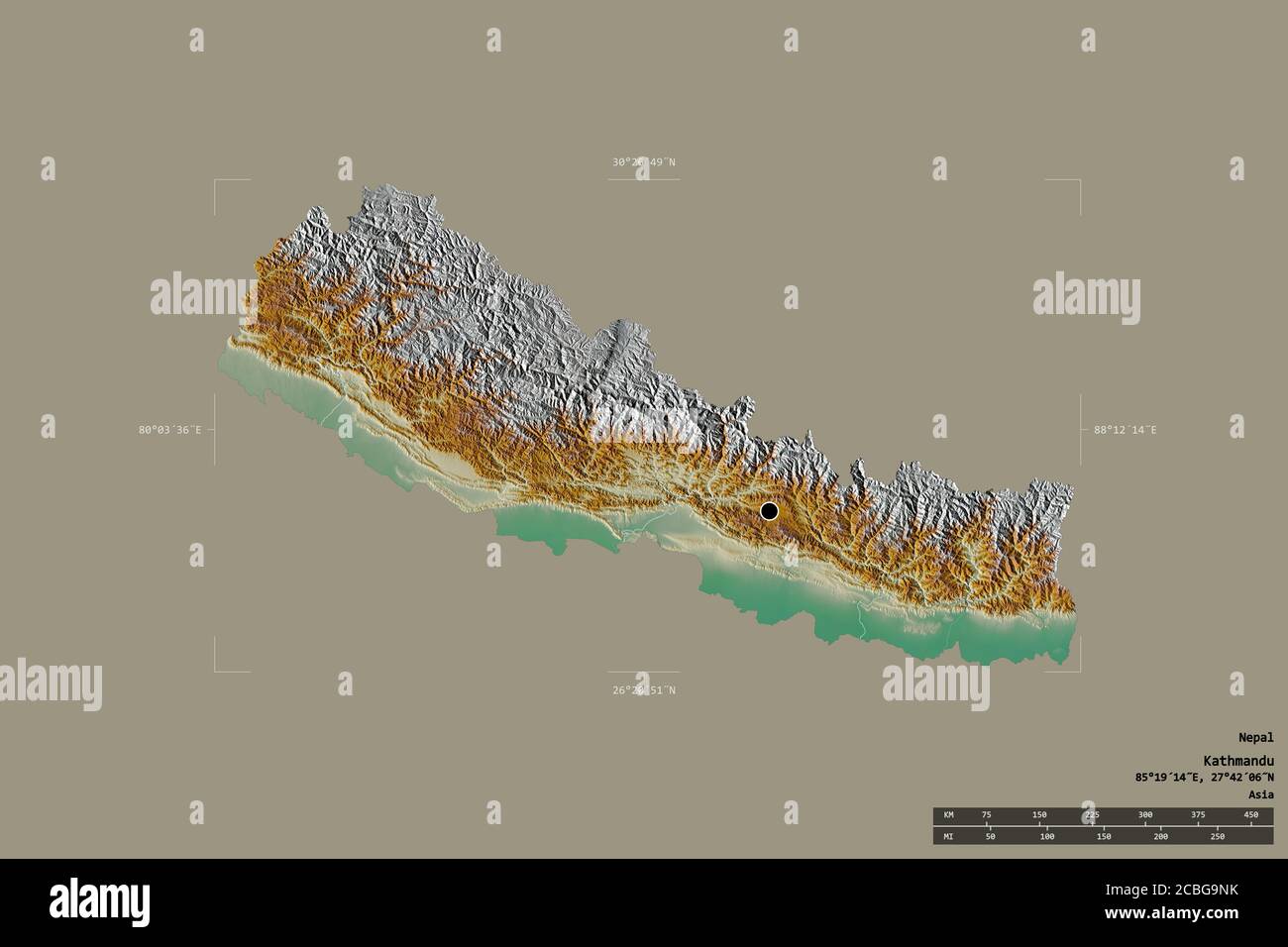 Area of Nepal isolated on a solid background in a georeferenced ...