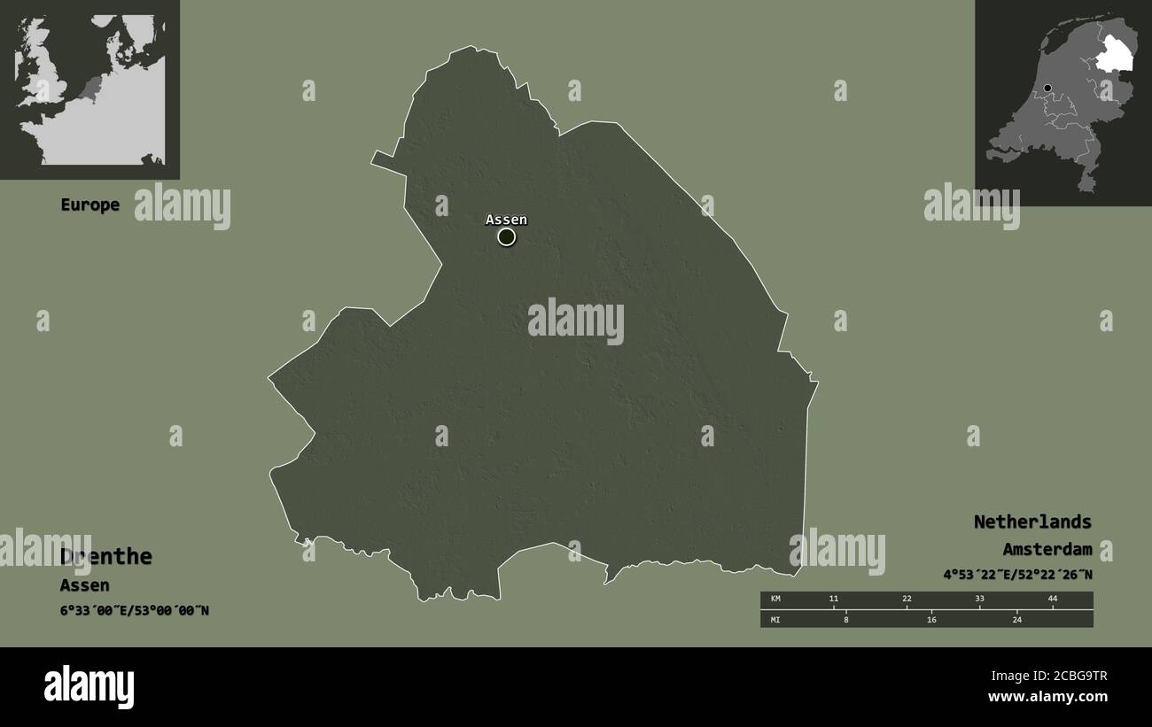 Shape of Drenthe, province of Netherlands, and its capital. Distance ...