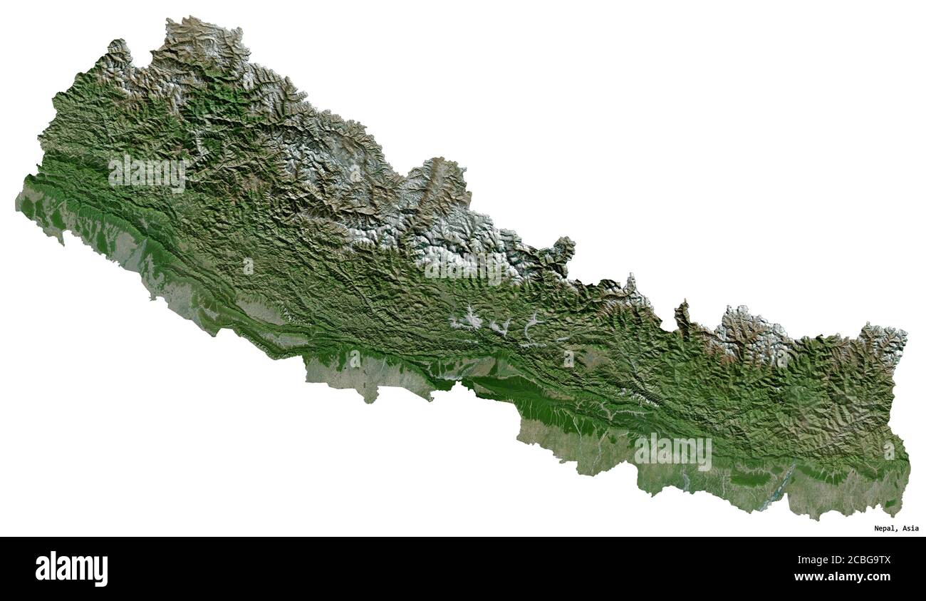 Shape of Nepal with its capital isolated on white background. Satellite ...