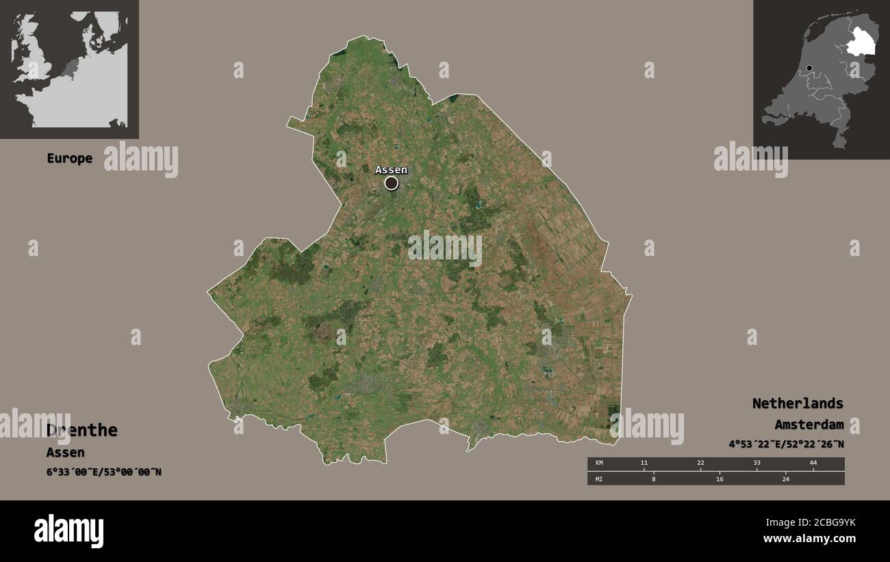 Shape of Drenthe, province of Netherlands, and its capital. Distance ...