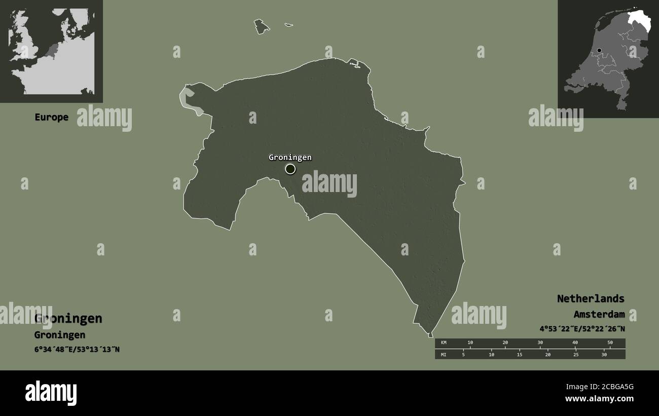 Shape of Groningen, province of Netherlands, and its capital. Distance ...