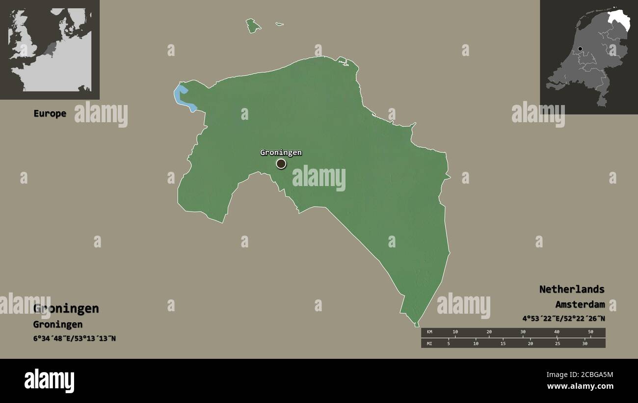 Shape of Groningen, province of Netherlands, and its capital. Distance ...