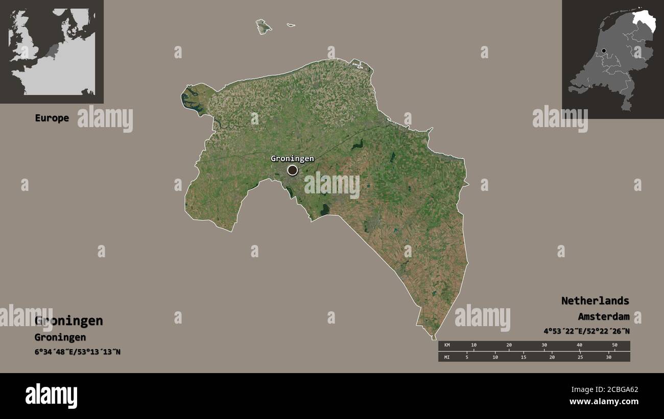 Shape of Groningen, province of Netherlands, and its capital. Distance ...