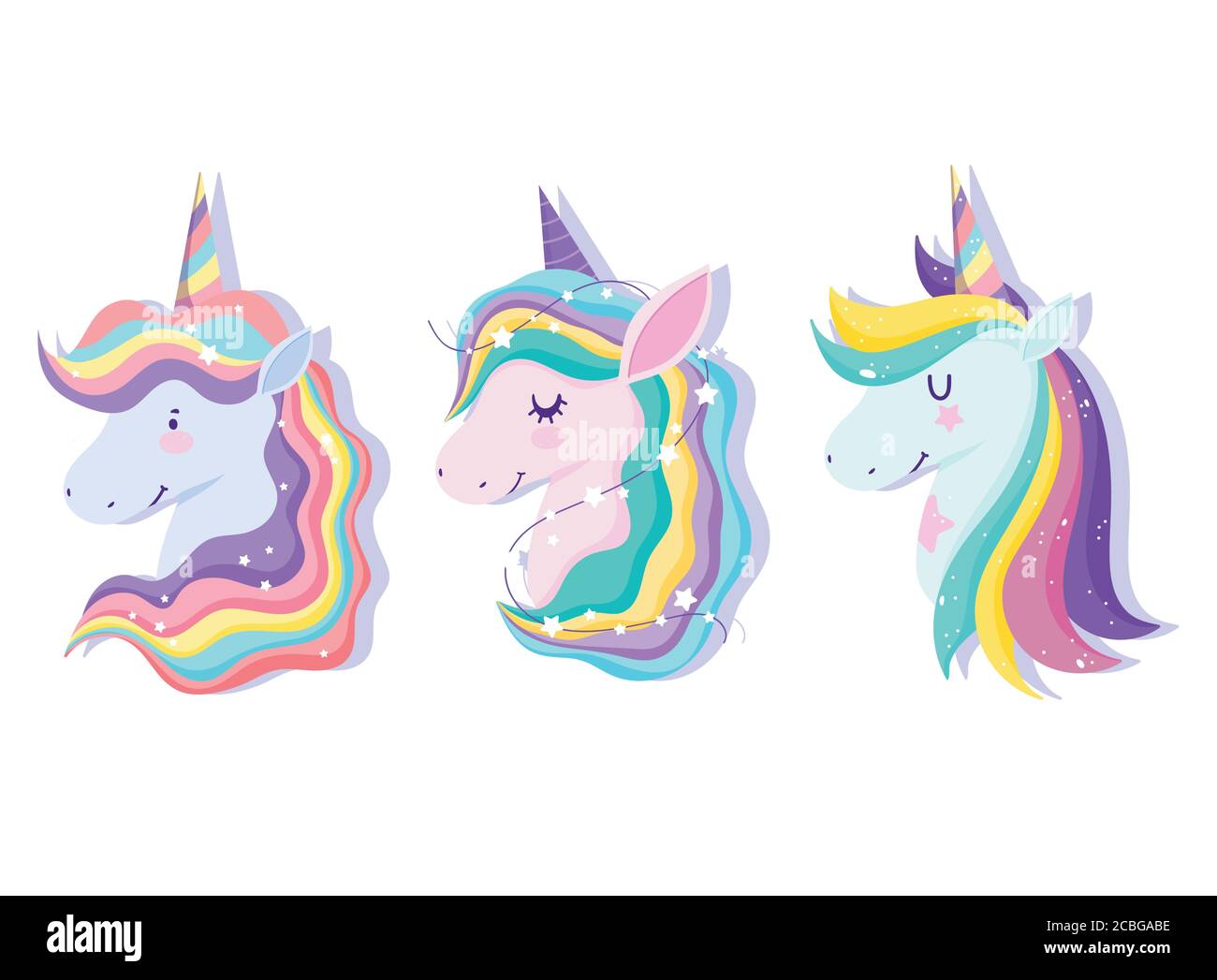 unicorns with rainbow mane and horns fantasy portrait cartoon vector illustration Stock Vector ...