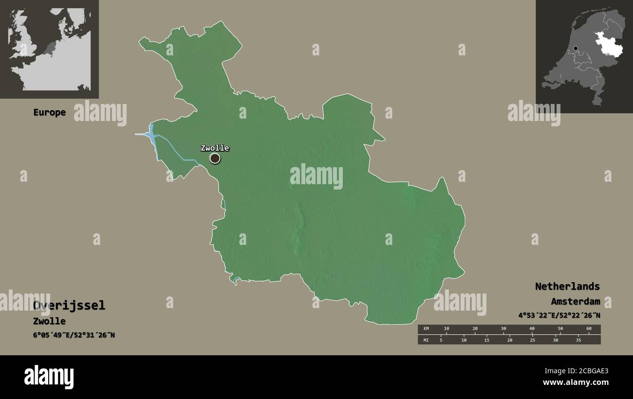 Shape of Overijssel, province of Netherlands, and its capital. Distance ...