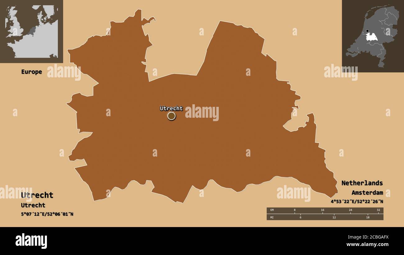 Shape of Utrecht, province of Netherlands, and its capital. Distance ...