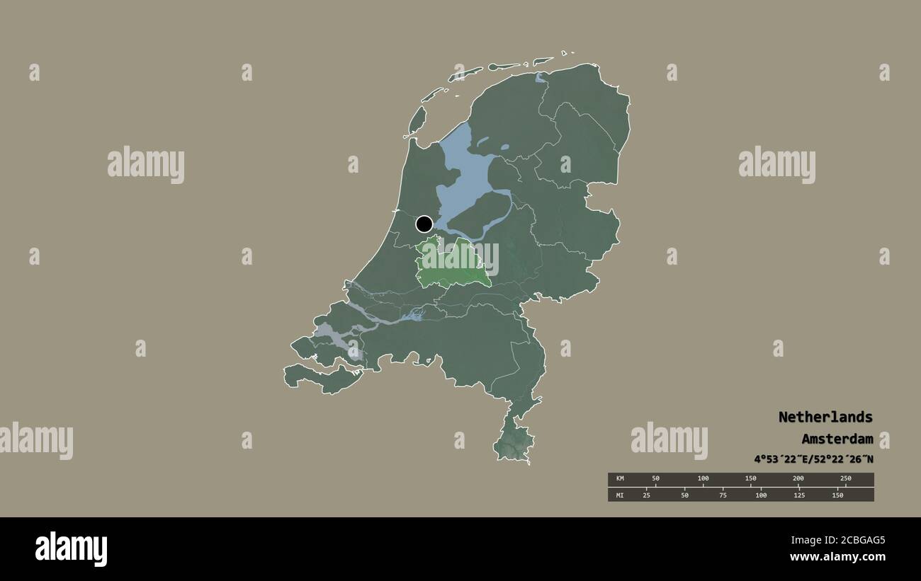 Desaturated shape of Netherlands with its capital, main regional ...