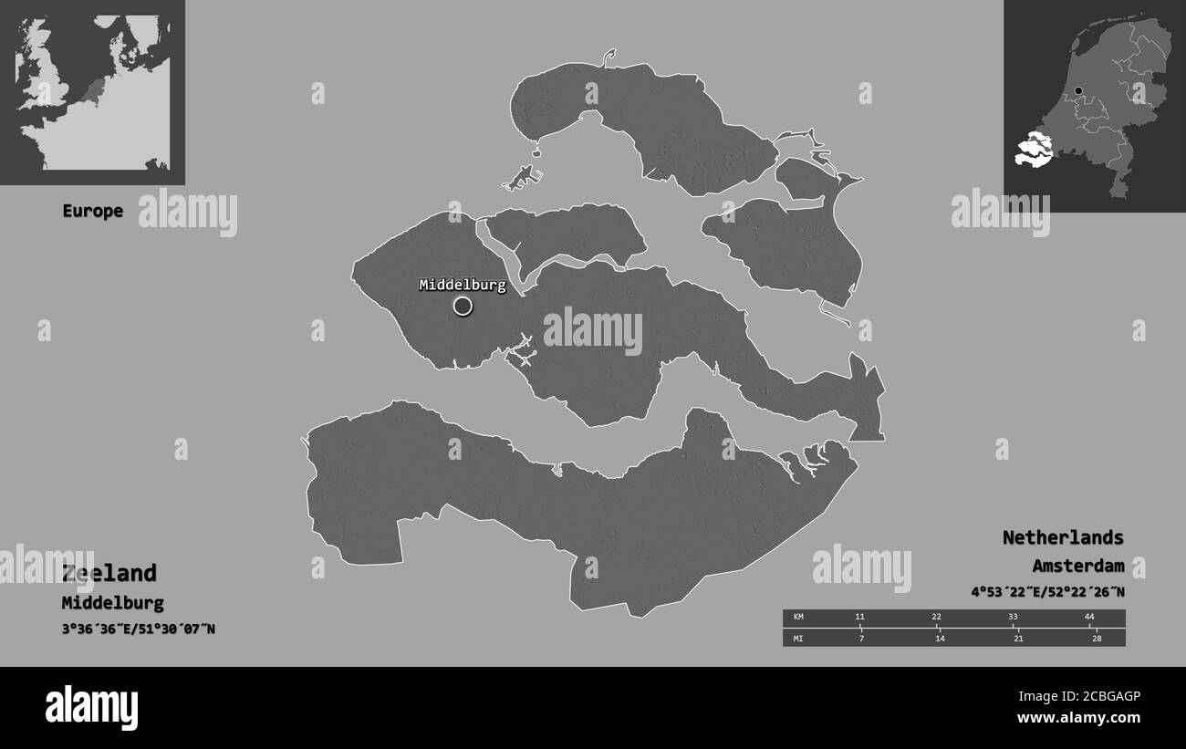 Shape of Zeeland, province of Netherlands, and its capital. Distance ...