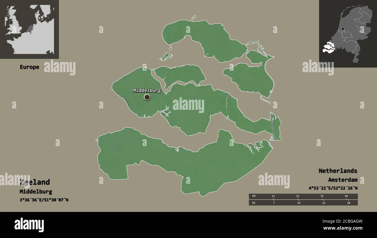 Shape of Zeeland, province of Netherlands, and its capital. Distance ...