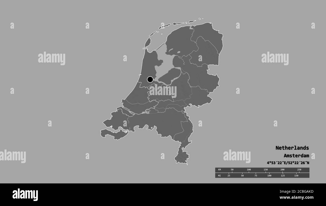 Desaturated shape of Netherlands with its capital, main regional ...