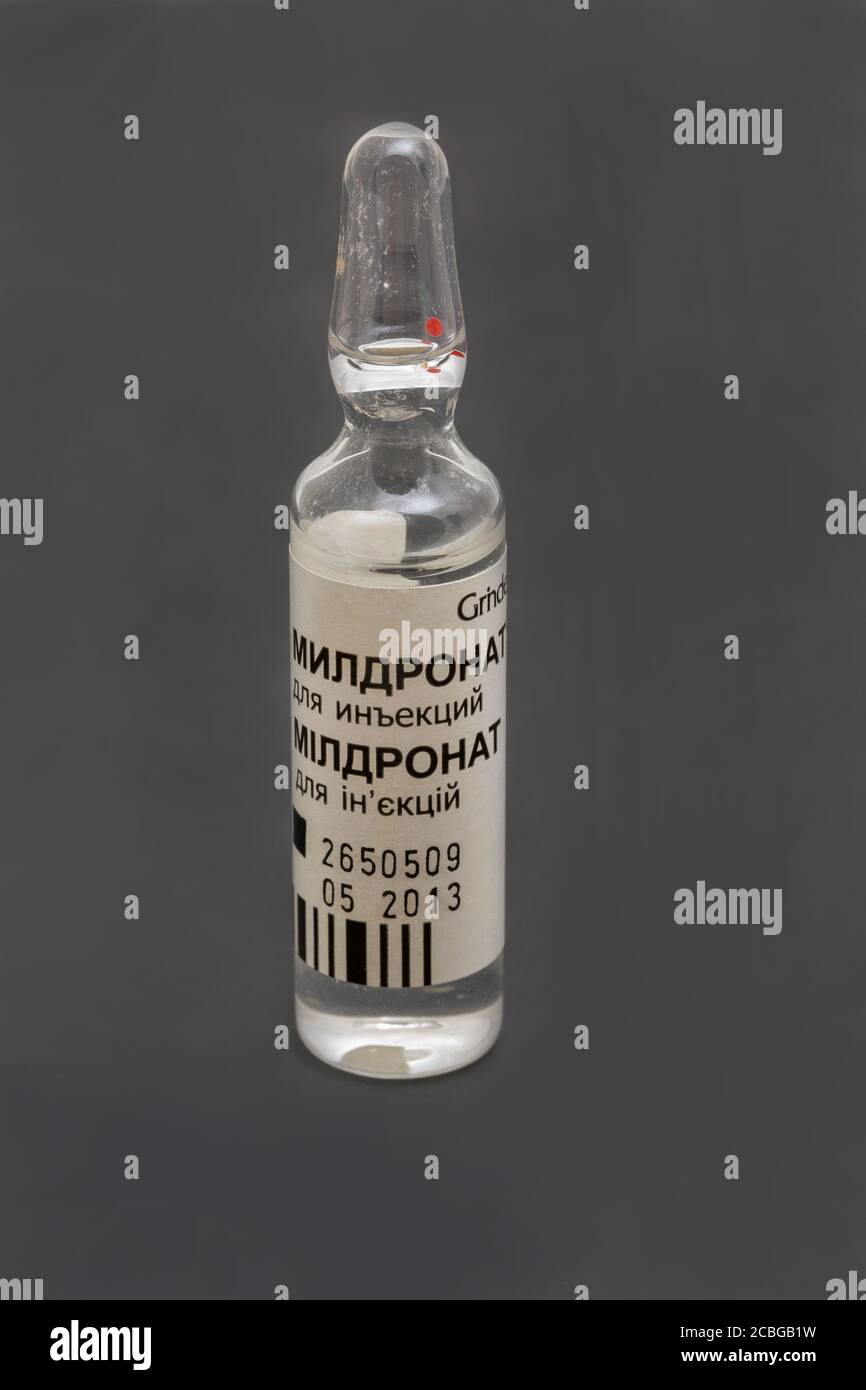 KYIV, UKRAINE - DECEMBER 31, 2019: Mildronat ampoule closeup against ...
