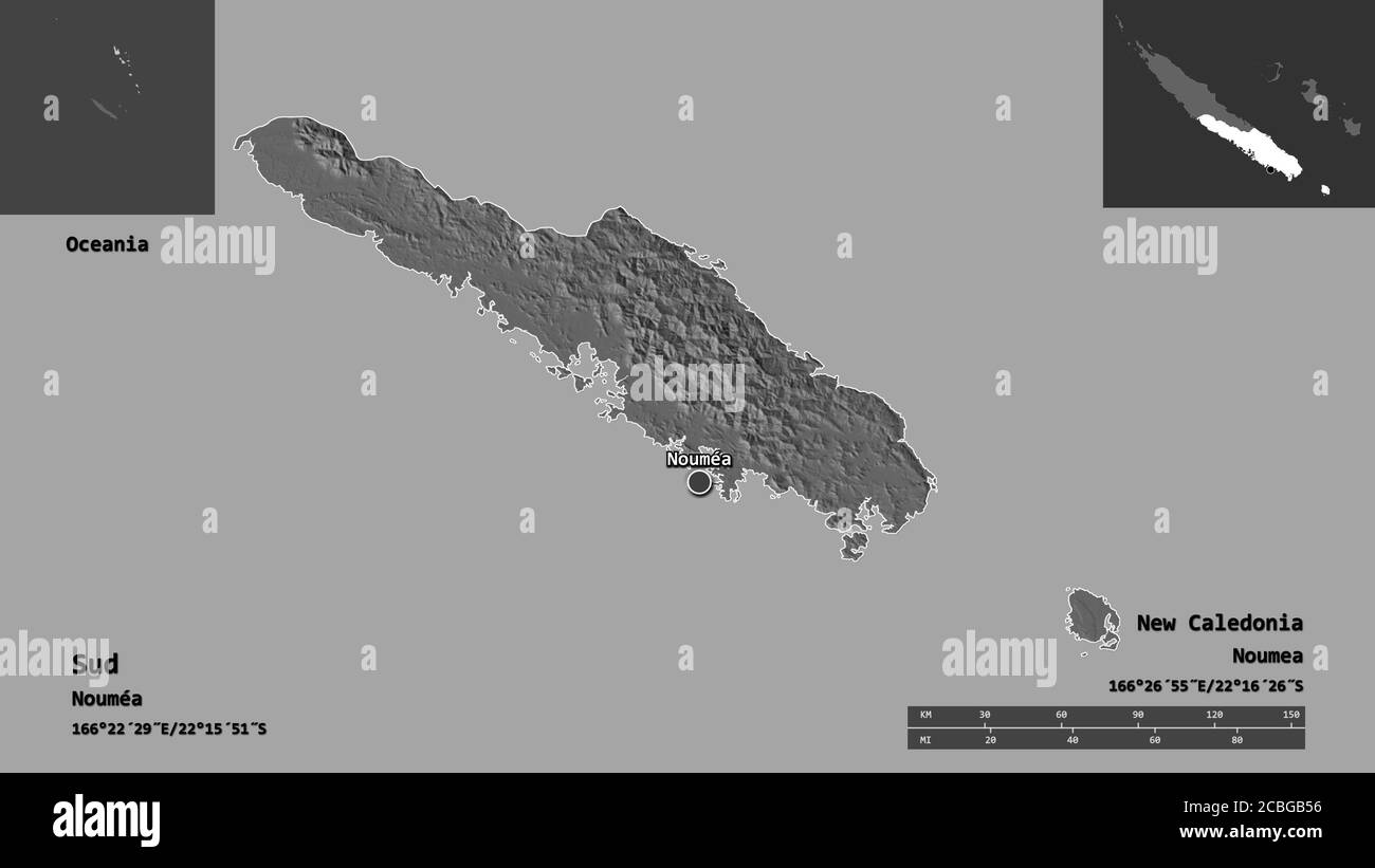 Shape of Sud, province of New Caledonia, and its capital. Distance ...