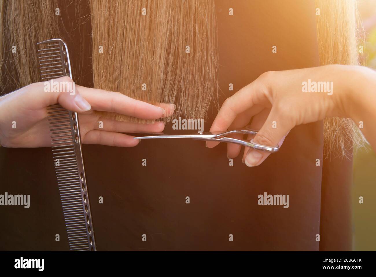 Woman hairdresser cuts the blonde hair, scissors in female hands close ...