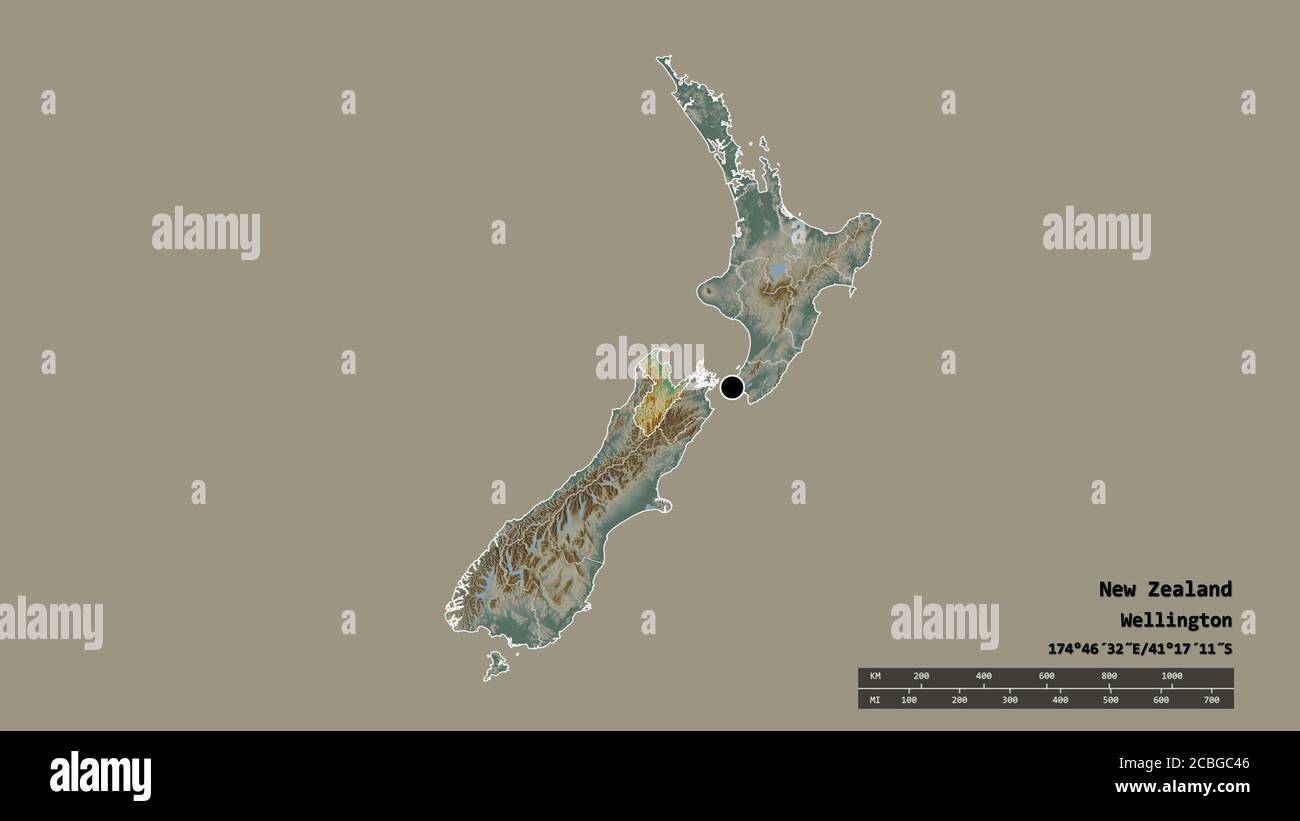 Desaturated shape of New Zealand with its capital, main regional ...