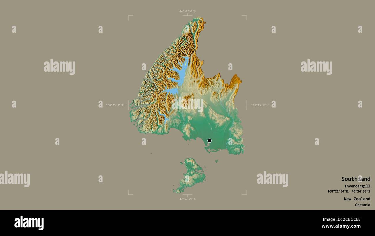 Area of Southland, regional council of New Zealand, isolated on a solid ...