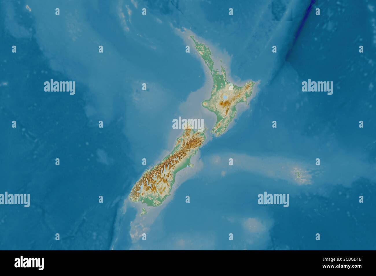 Extended area of New Zealand. Topographic relief map. 3D rendering ...