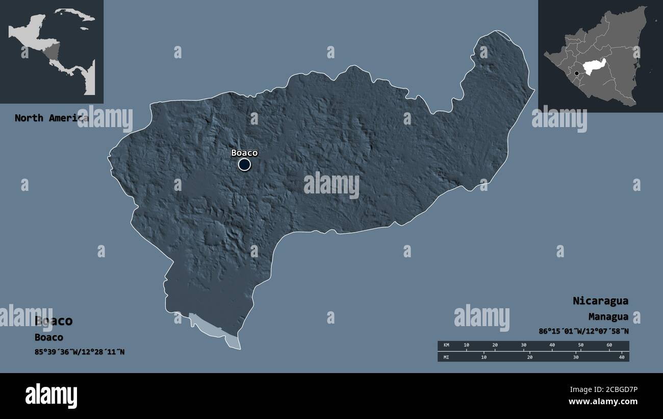 Shape of Boaco, department of Nicaragua, and its capital. Distance ...