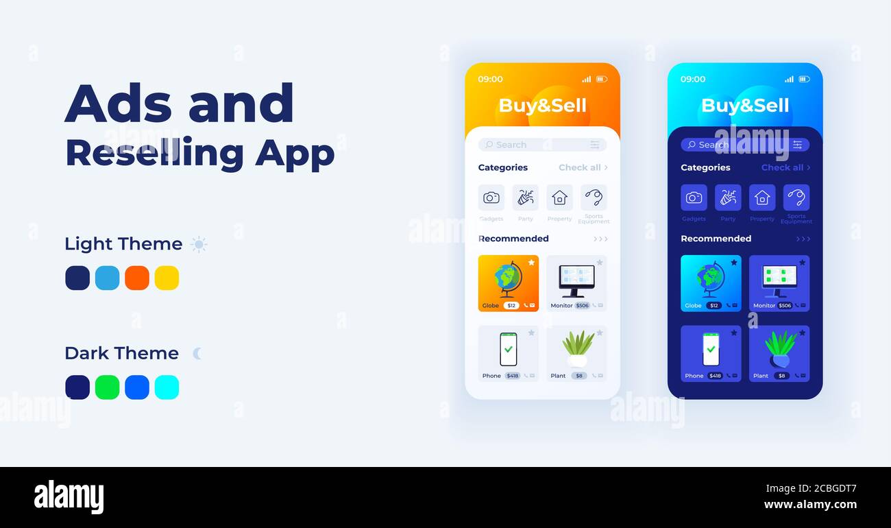 Ads and reselling app cartoon smartphone interface vector templates set ...