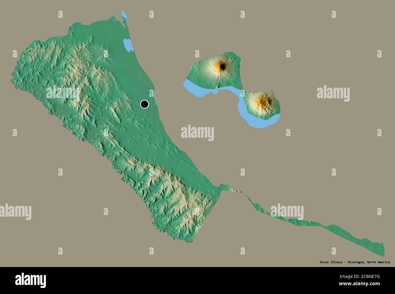 Shape of Rivas, department of Nicaragua, with its capital isolated on a ...