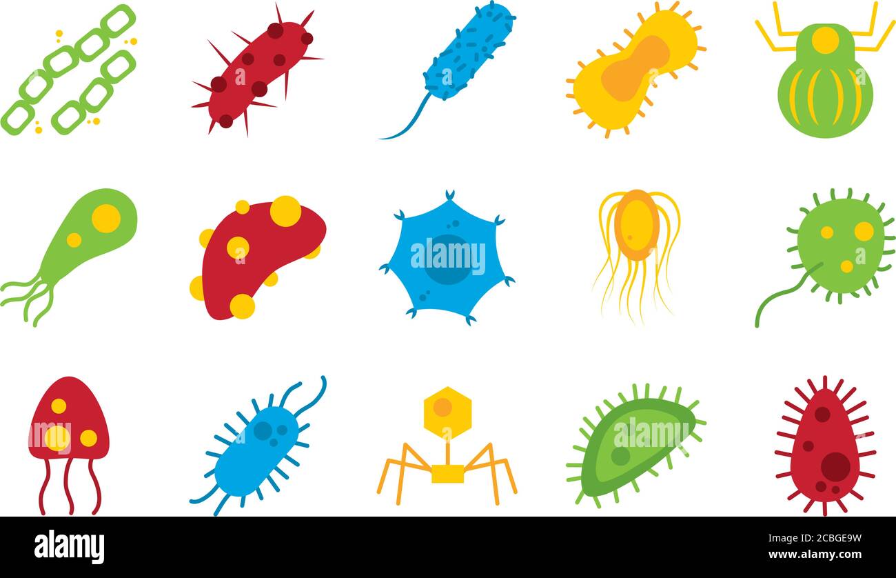 icon set of bacterias shapes and bacteriophage over white background, flat style, vector ...