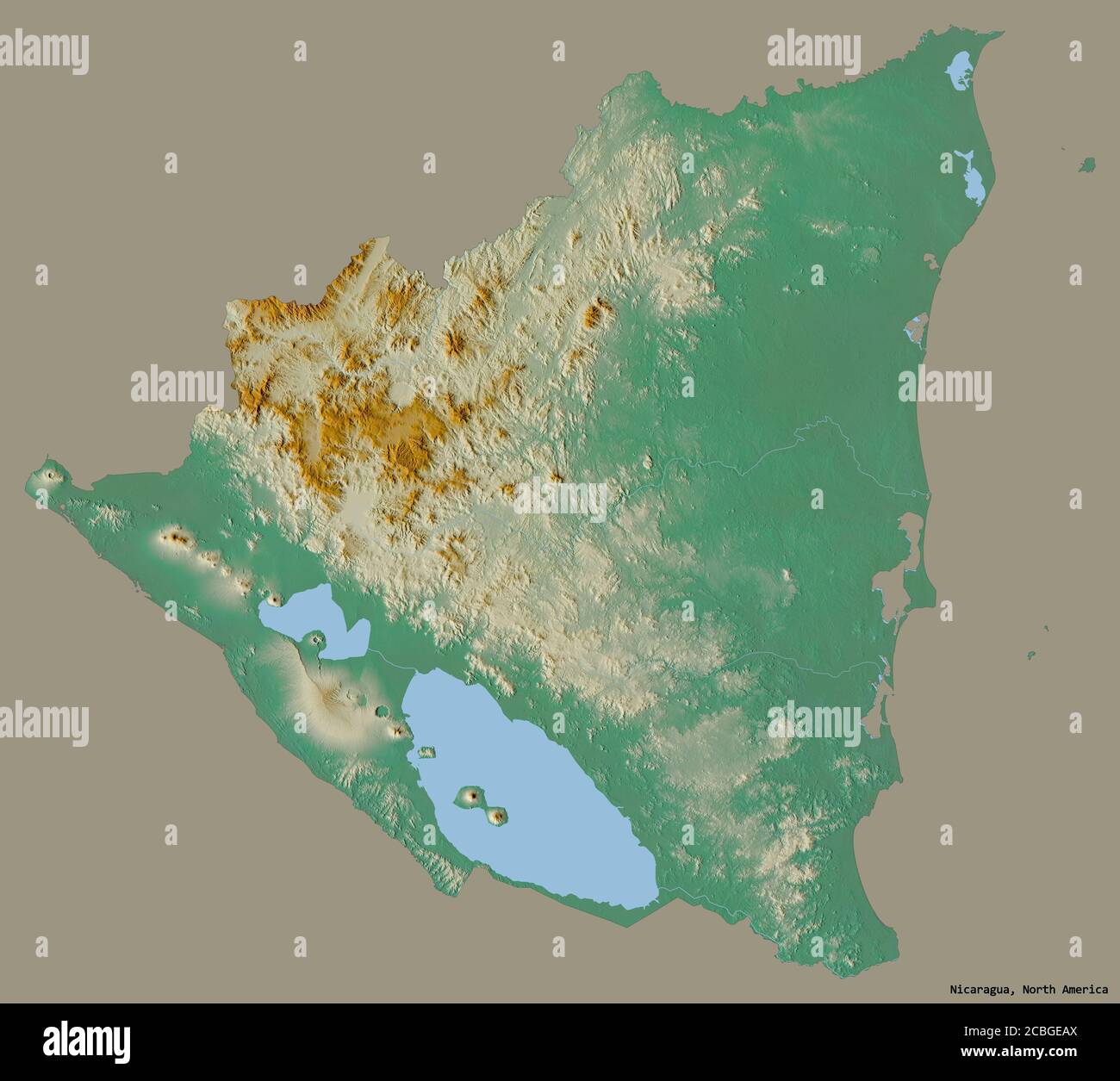 Shape of Nicaragua with its capital isolated on a solid color ...