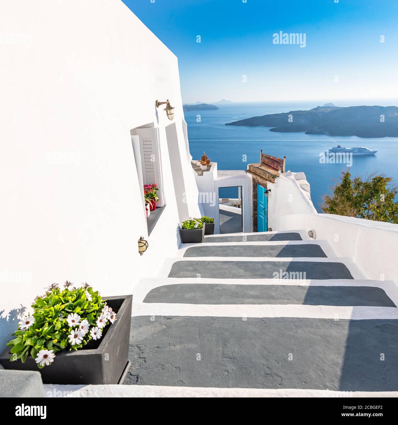 White architecture staircases on Santorini Island, Greece. View toward ...