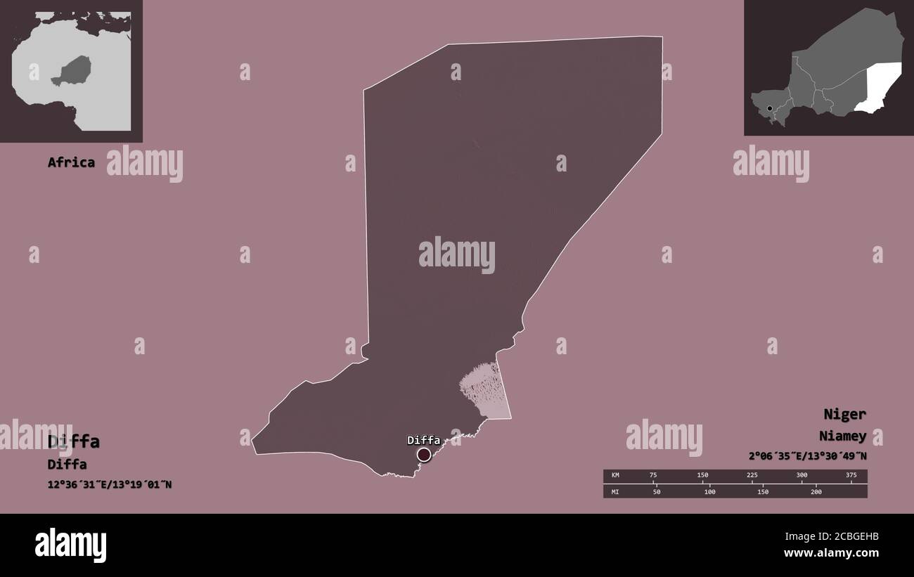 Shape of Diffa, department of Niger, and its capital. Distance scale ...