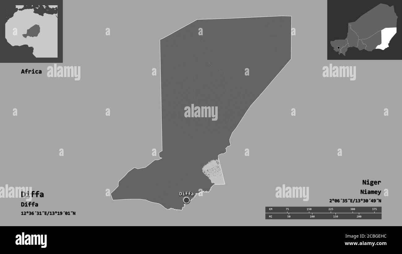 Shape of Diffa, department of Niger, and its capital. Distance scale ...