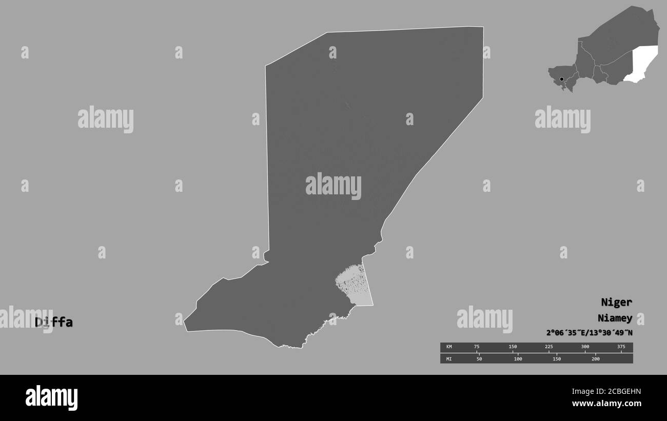 Shape of Diffa, department of Niger, with its capital isolated on solid ...