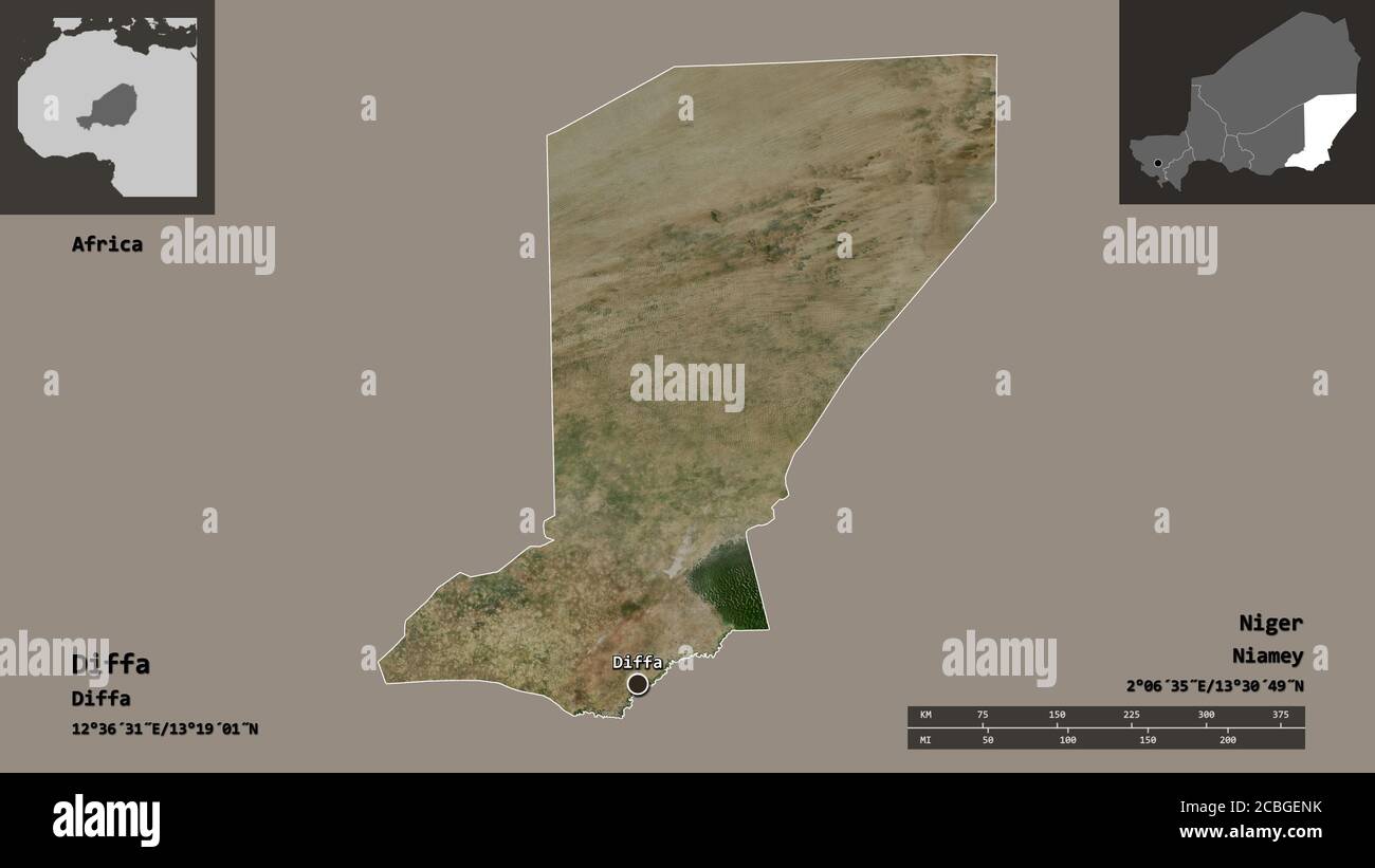 Shape of Diffa, department of Niger, and its capital. Distance scale ...