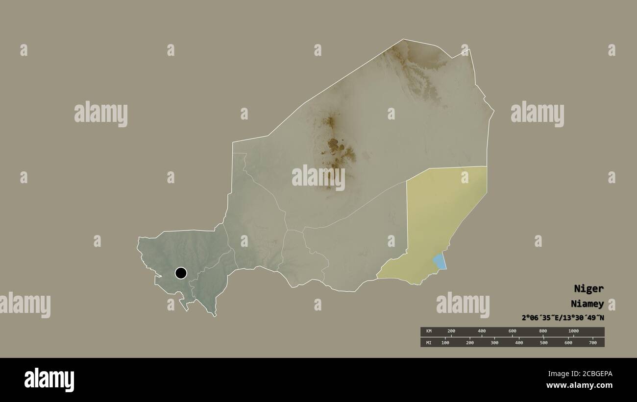 Desaturated shape of Niger with its capital, main regional division and ...