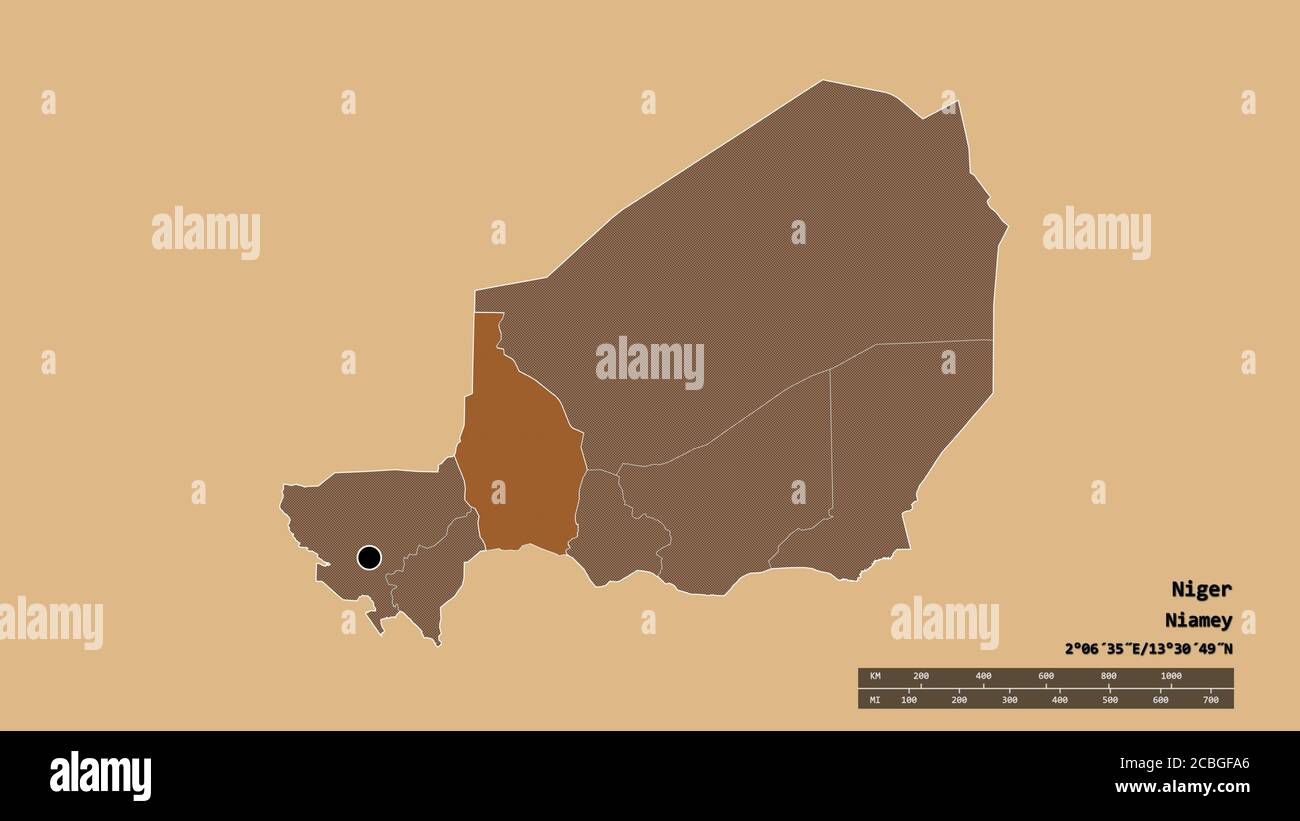 Desaturated shape of Niger with its capital, main regional division and ...