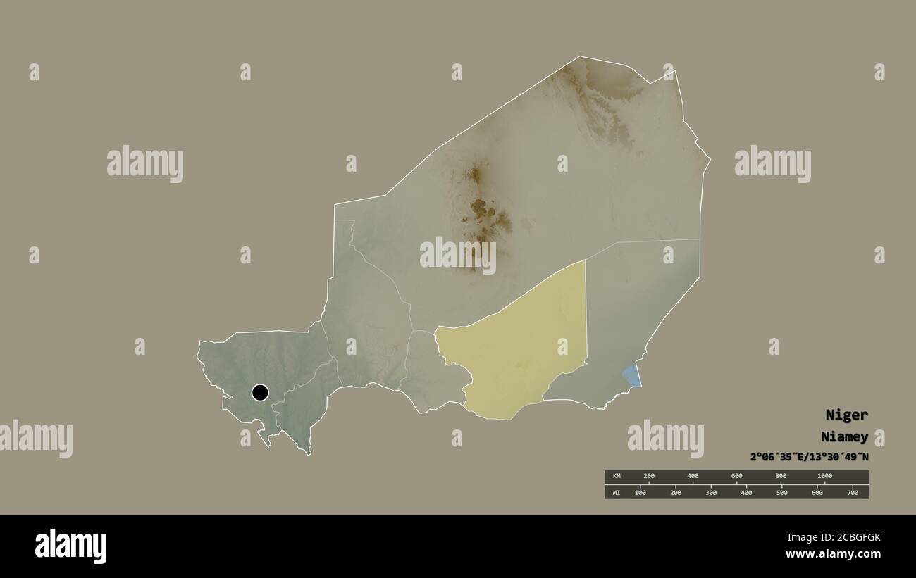 Desaturated shape of Niger with its capital, main regional division and ...