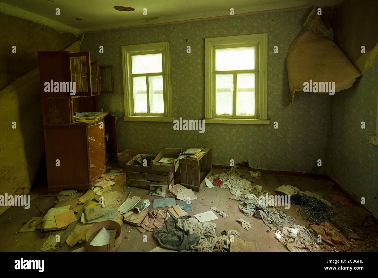 A room in an abandoned house in Chernobyl, destroyed walls, old ...