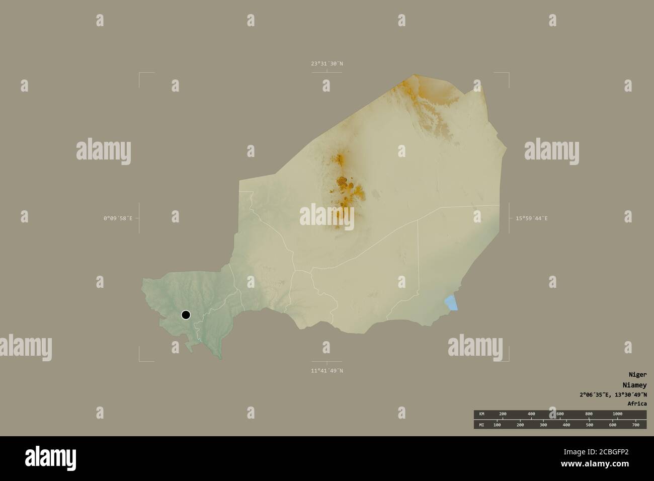 Area of Niger isolated on a solid background in a georeferenced ...