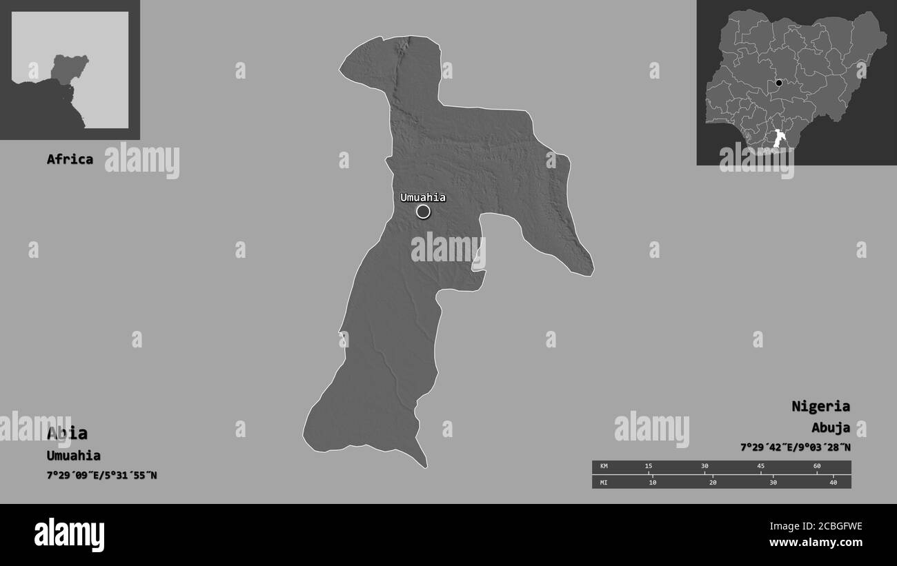 Shape of Abia, state of Nigeria, and its capital. Distance scale ...