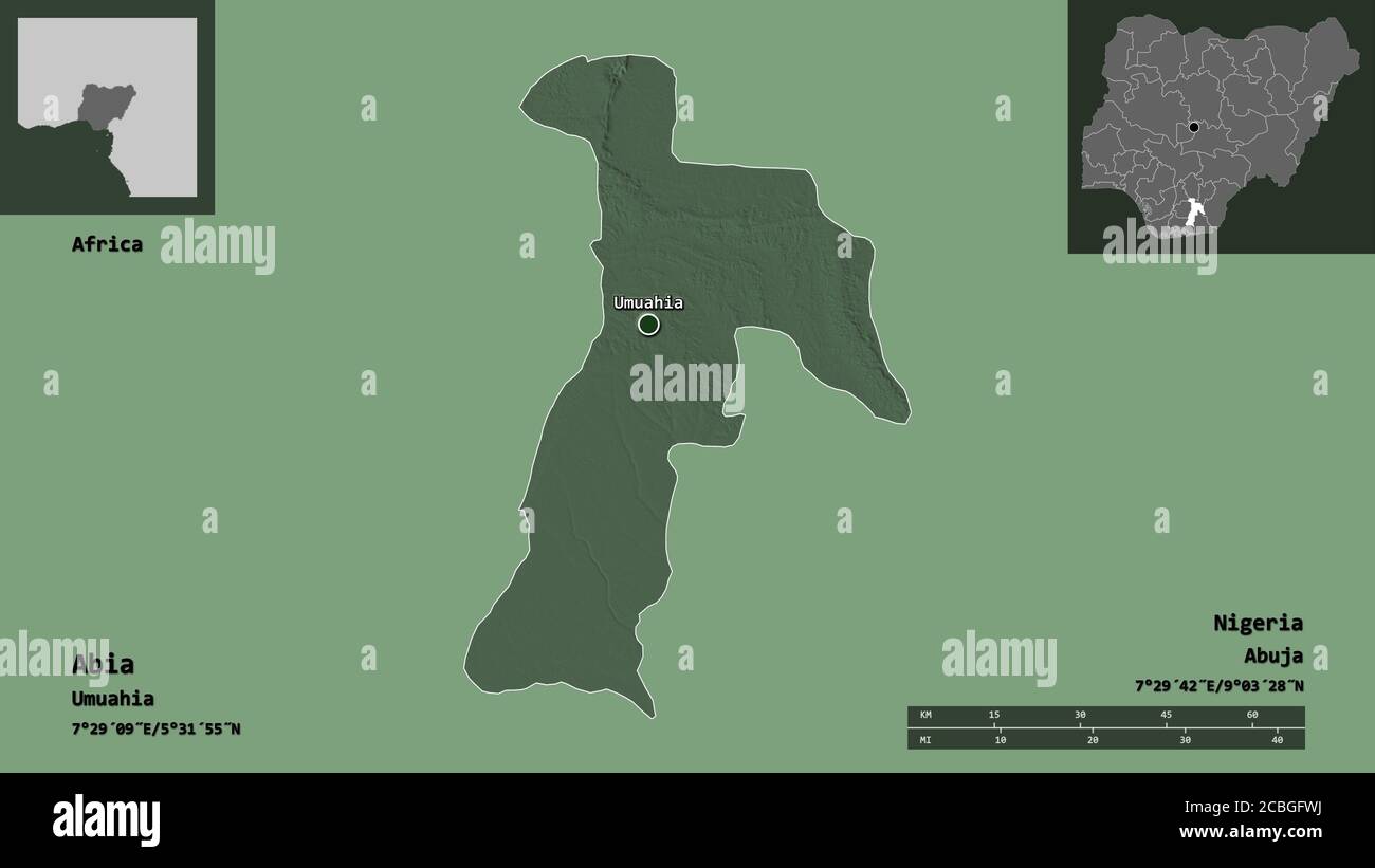 Shape of Abia, state of Nigeria, and its capital. Distance scale ...