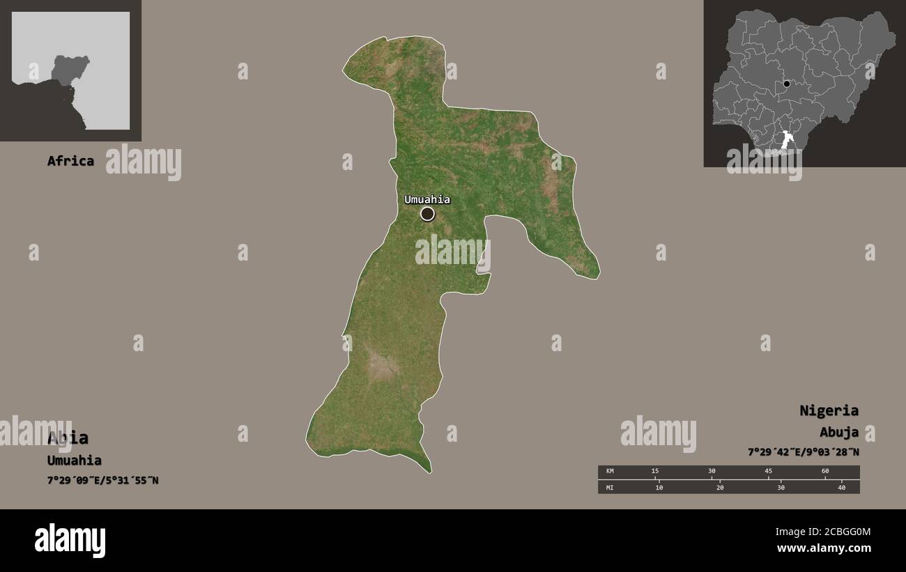 Shape of Abia, state of Nigeria, and its capital. Distance scale ...