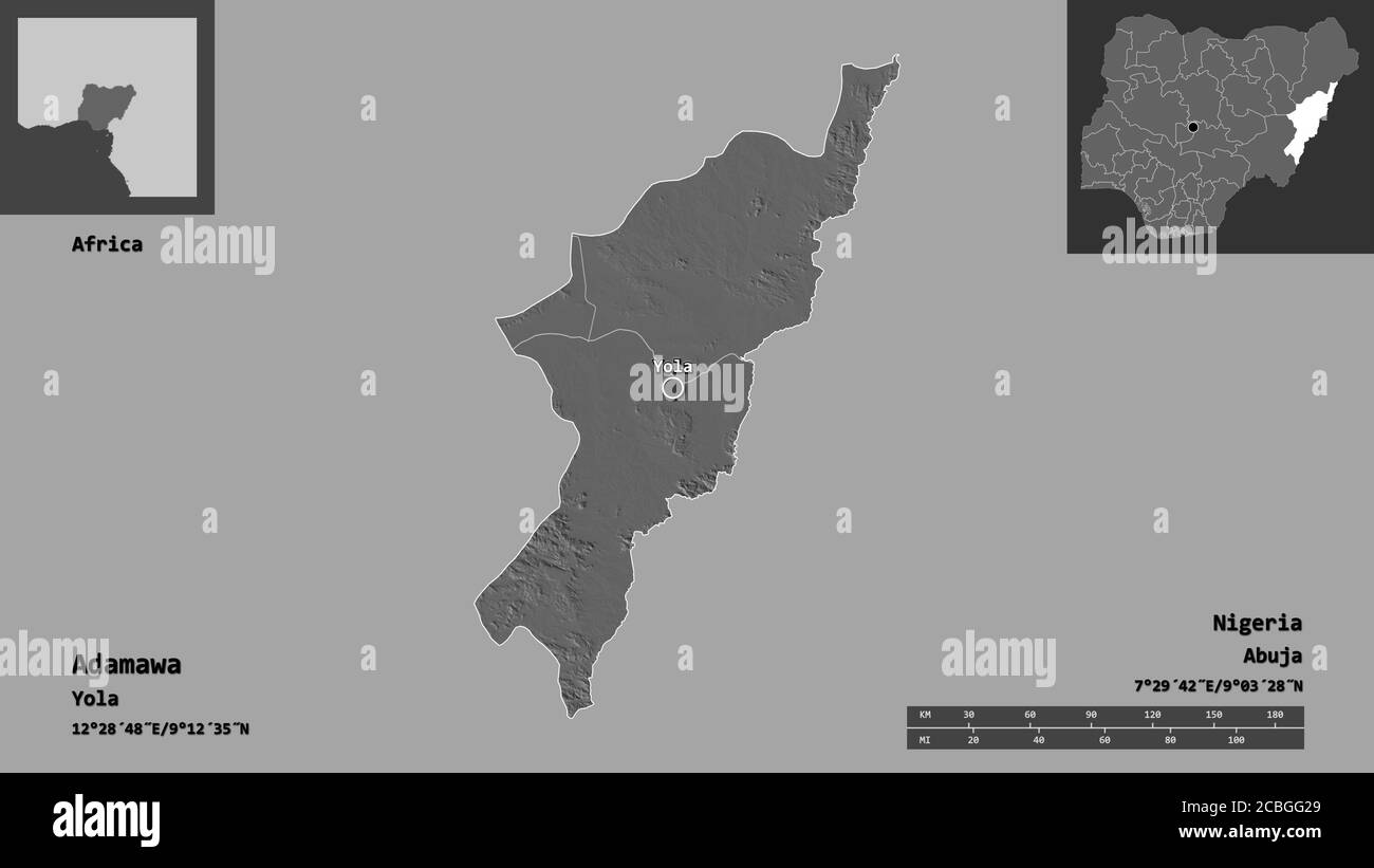 Shape of Adamawa, state of Nigeria, and its capital. Distance scale ...