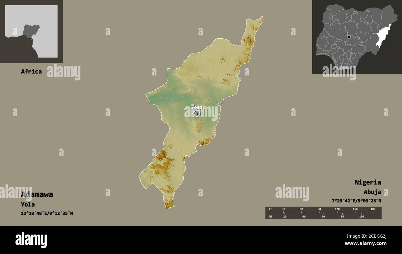 Shape of Adamawa, state of Nigeria, and its capital. Distance scale ...
