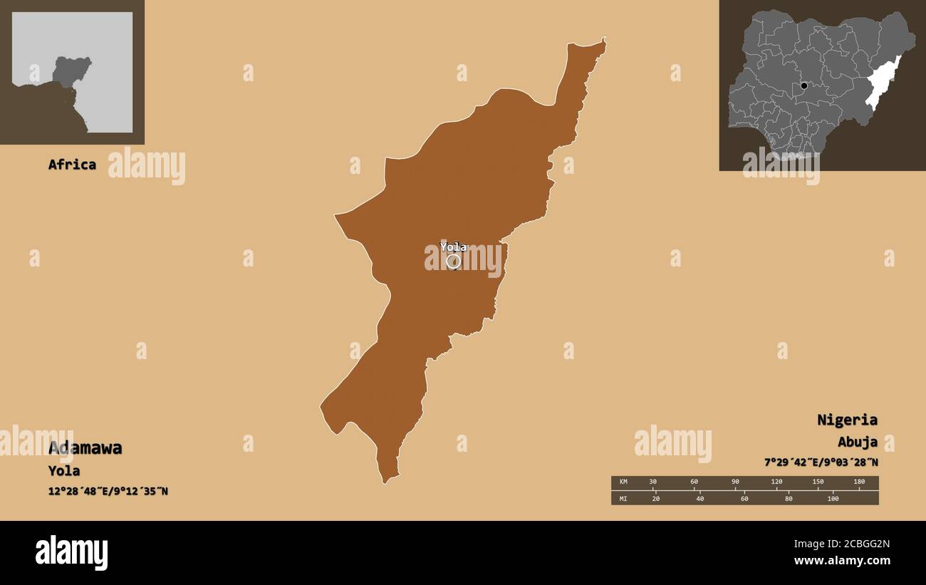Shape of Adamawa, state of Nigeria, and its capital. Distance scale ...